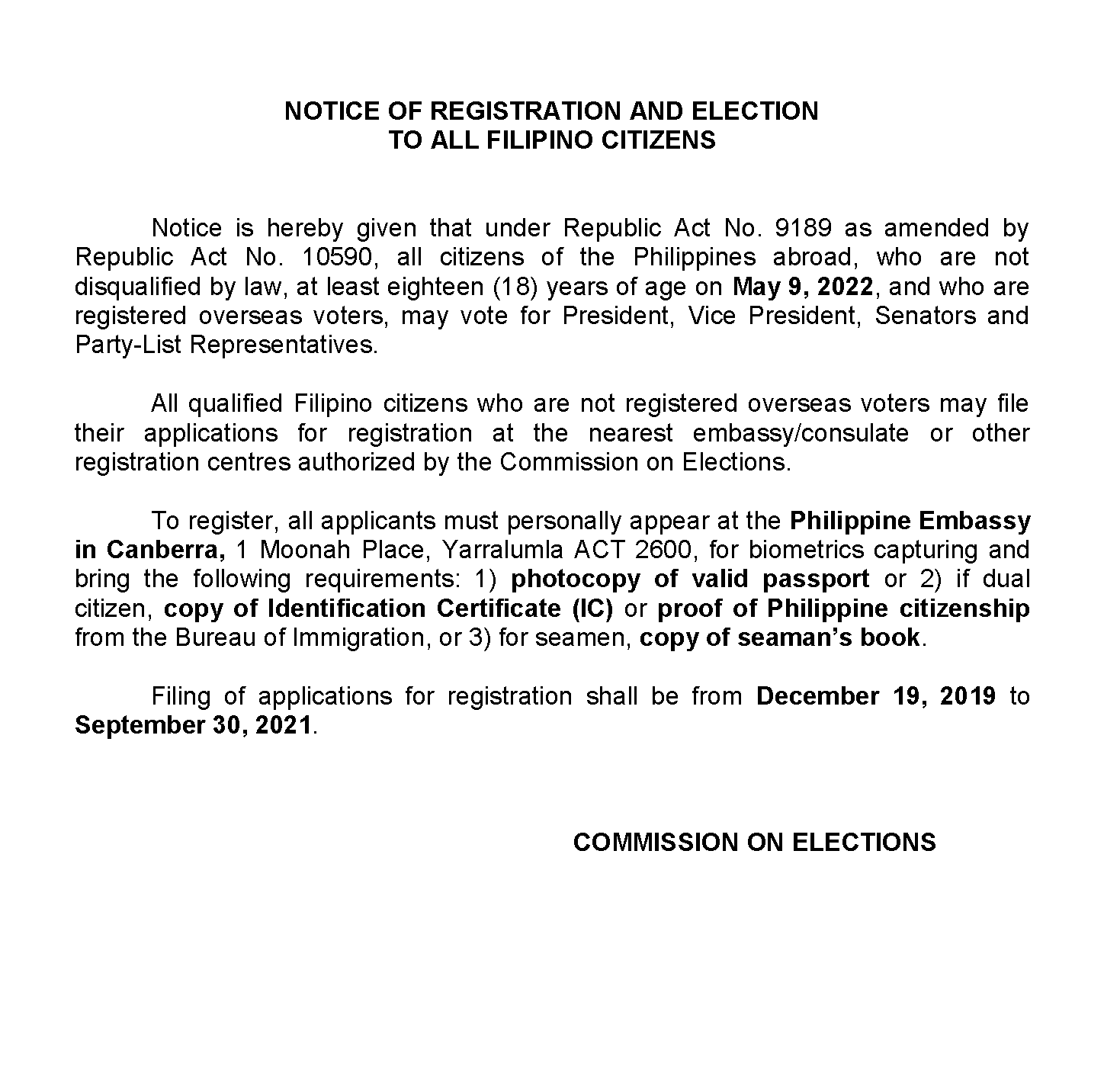 Notice of Registration and Election to All Filipino Citizens ...